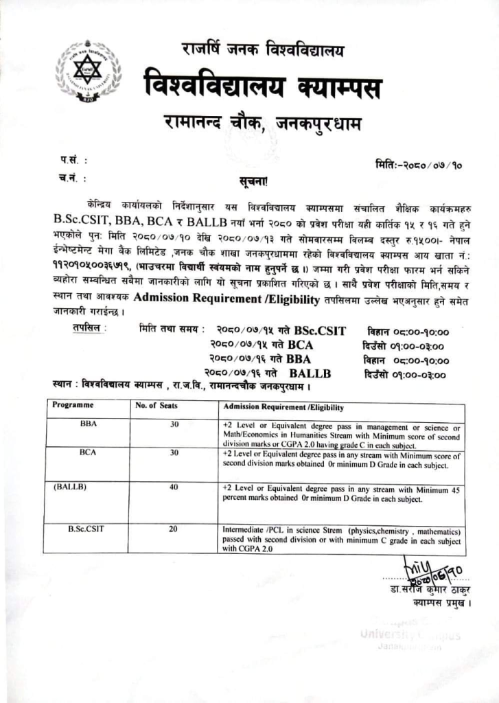 Entrance Examination of Bachelor Programs – Rajarshi Janak University