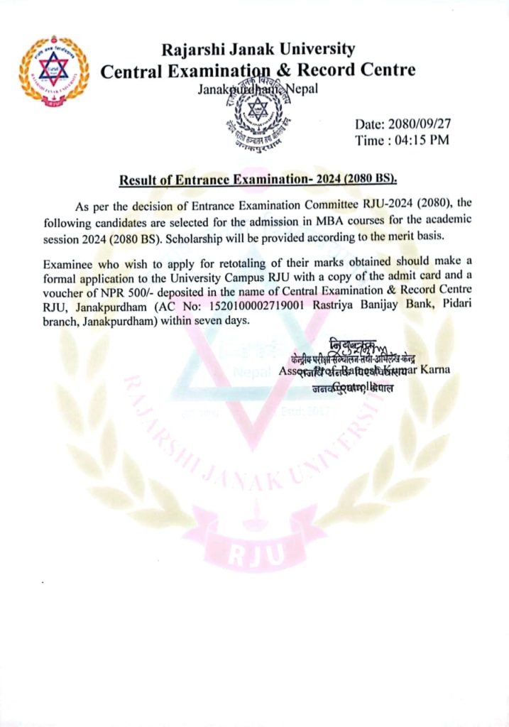 Result of Entrance Examination- 2024 (2080 BS). – Rajarshi Janak University
