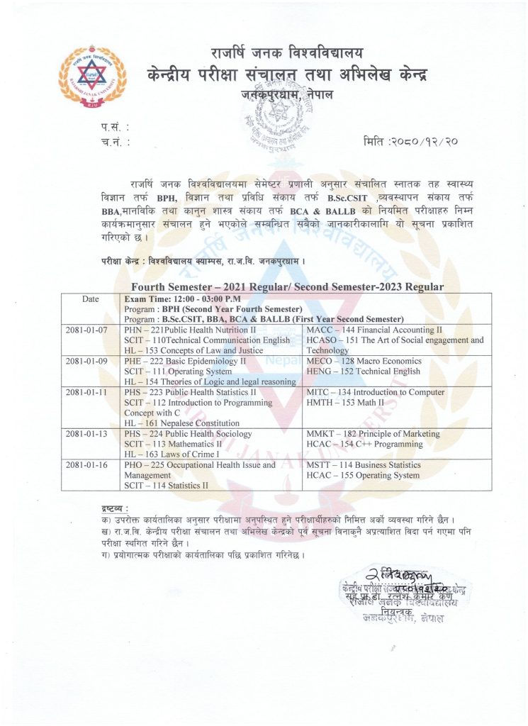 Examination Routine. – Rajarshi Janak University