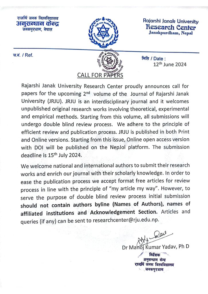 CALL FOR PAPER, Research Center – Rajarshi Janak University