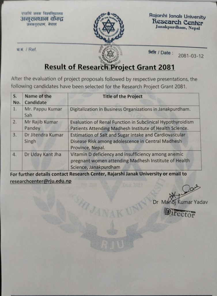 Result of Research Project Grant 2081 – Rajarshi Janak University