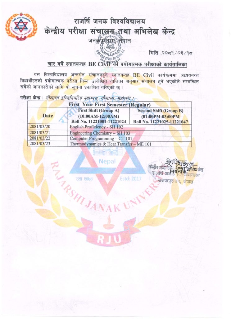 BE Civil Pratical Examination Schedule. – Rajarshi Janak University