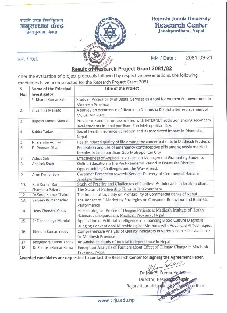 Result of Research Project Grant 2081/82 – Rajarshi Janak University
