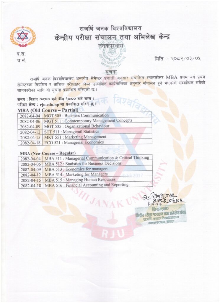 Examination Schedule of MBA Regular and Partial Students. – Rajarshi ...