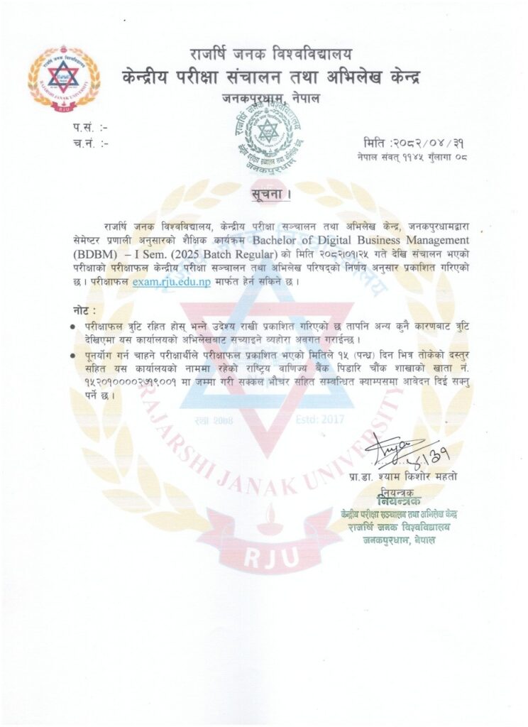 Result Published: BDBM (Faculty of Management) – Rajarshi Janak University